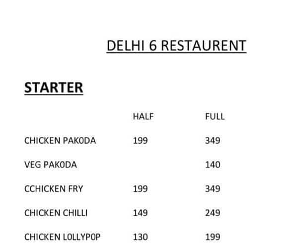 Menu of Delhi 6 Restaurant, Kukas, Jaipur