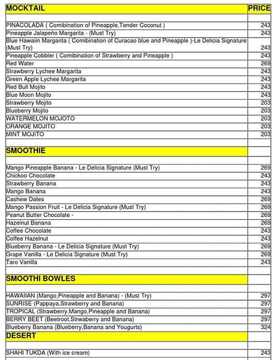 Menu of Le Delicia, Himayath Nagar, Hyderabad