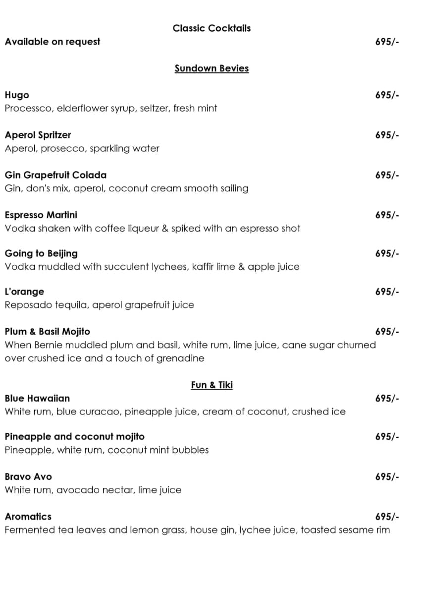 Menu of Coy Coi Beach Club, Morjim, Goa