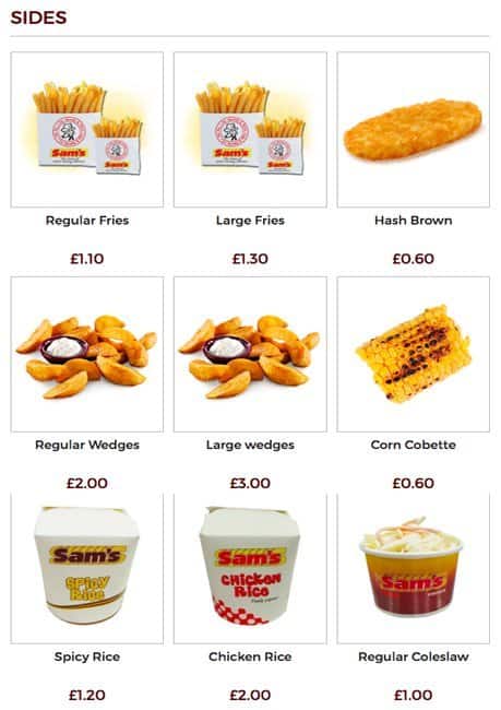 Menu at Sam's Chicken fast food, London, 245 Kilburn High Rd