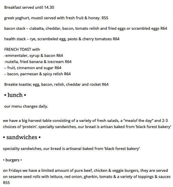 Menu at Love Food restaurant, Johannesburg