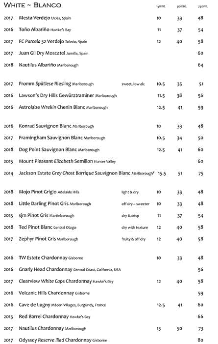 Menu at Avida Bar, Wellington