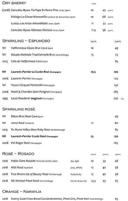 Menu at Avida Bar, Wellington