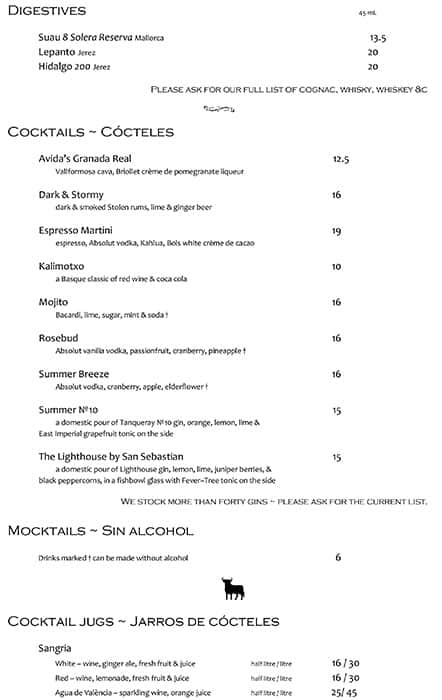 Menu at Avida Bar, Wellington