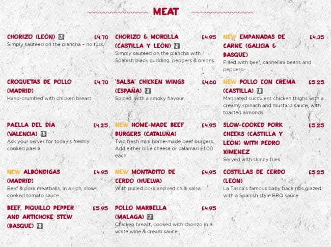 Menu at La Tasca restaurant, Glasgow, 39-43 Renfield St