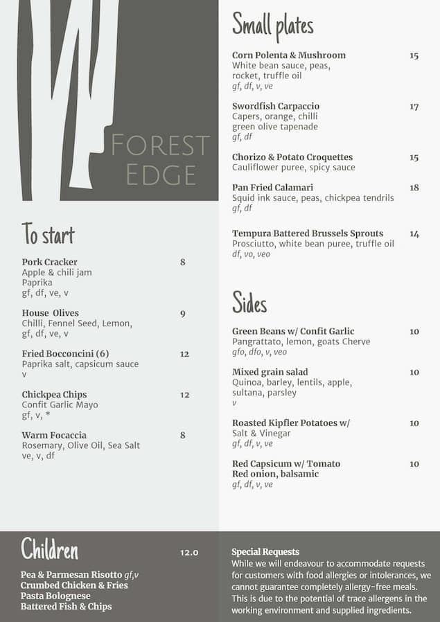 Menu at Forest Edge restaurant, Gembrook