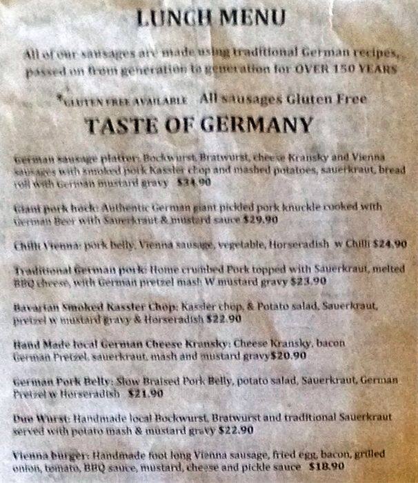 Menu at German Inn restaurant, Hahndorf