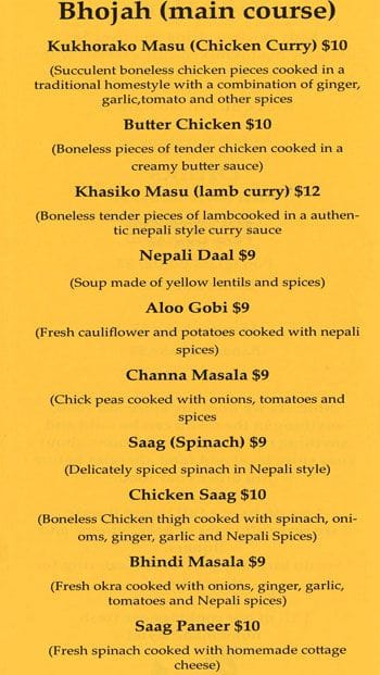 Menu at Spice Of Nepal restaurant, Surrey