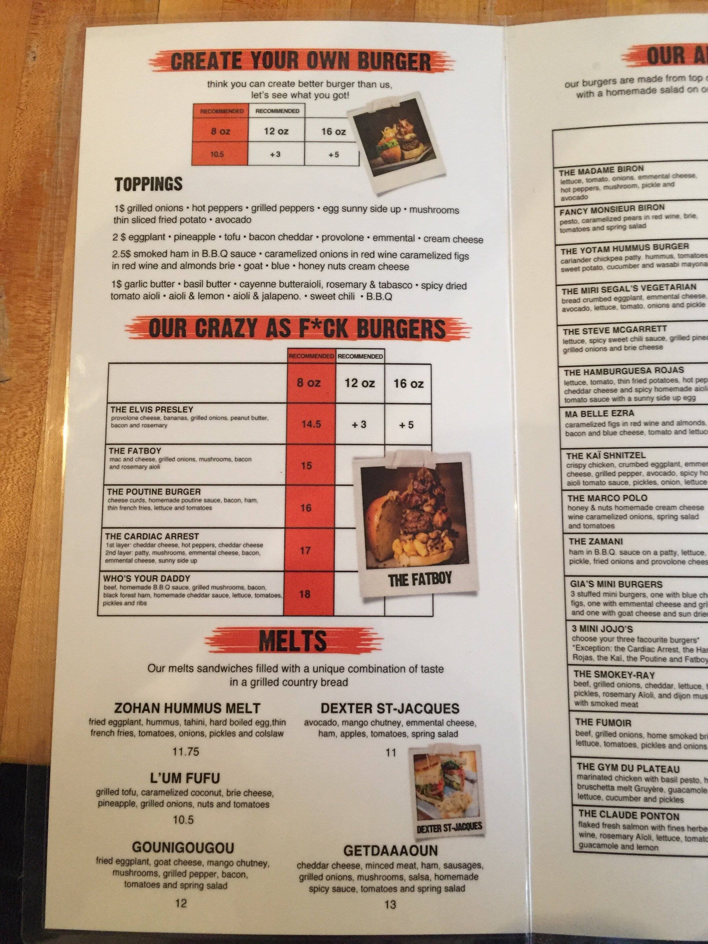 Menu au Art Brgr restaurant, Montréal