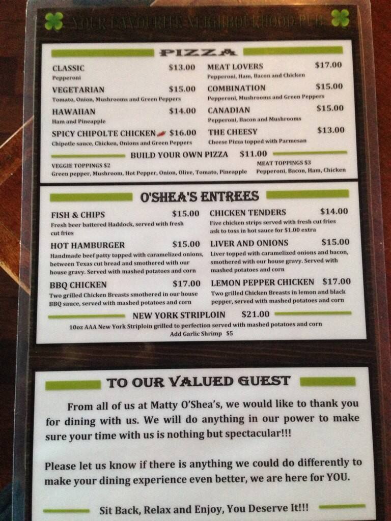 Menu at Matty O'Shea's Pub, Smiths Falls