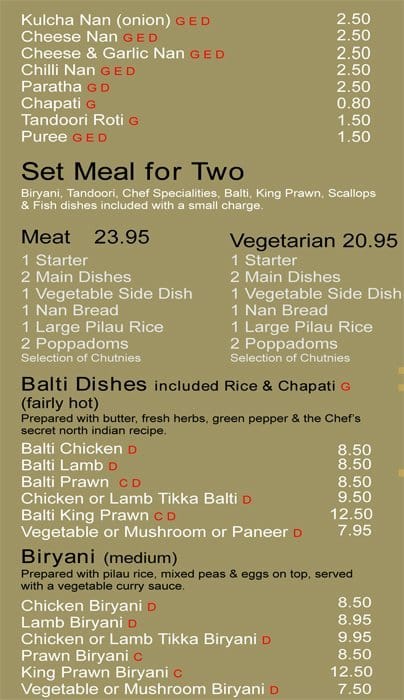 Menu at Taste of India restaurant, Nottingham, 55 Abbey St