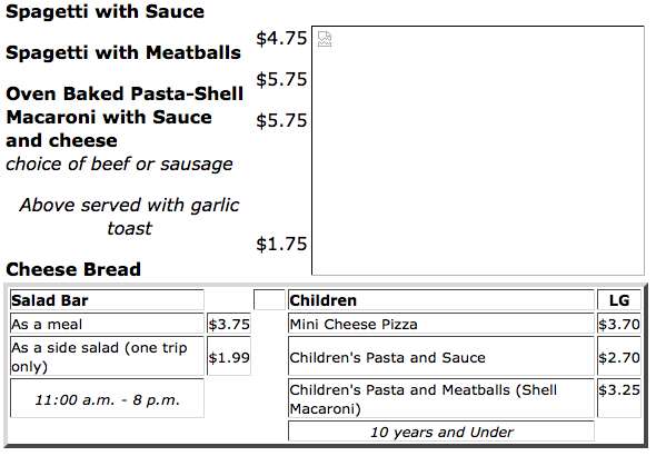 Menu at Tim's Pizza pizzeria, Independence, US-40