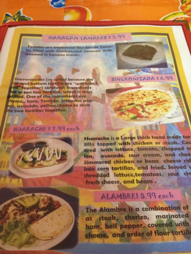 Menu at Oaxaca Flavor Tacos restaurant, Lillington