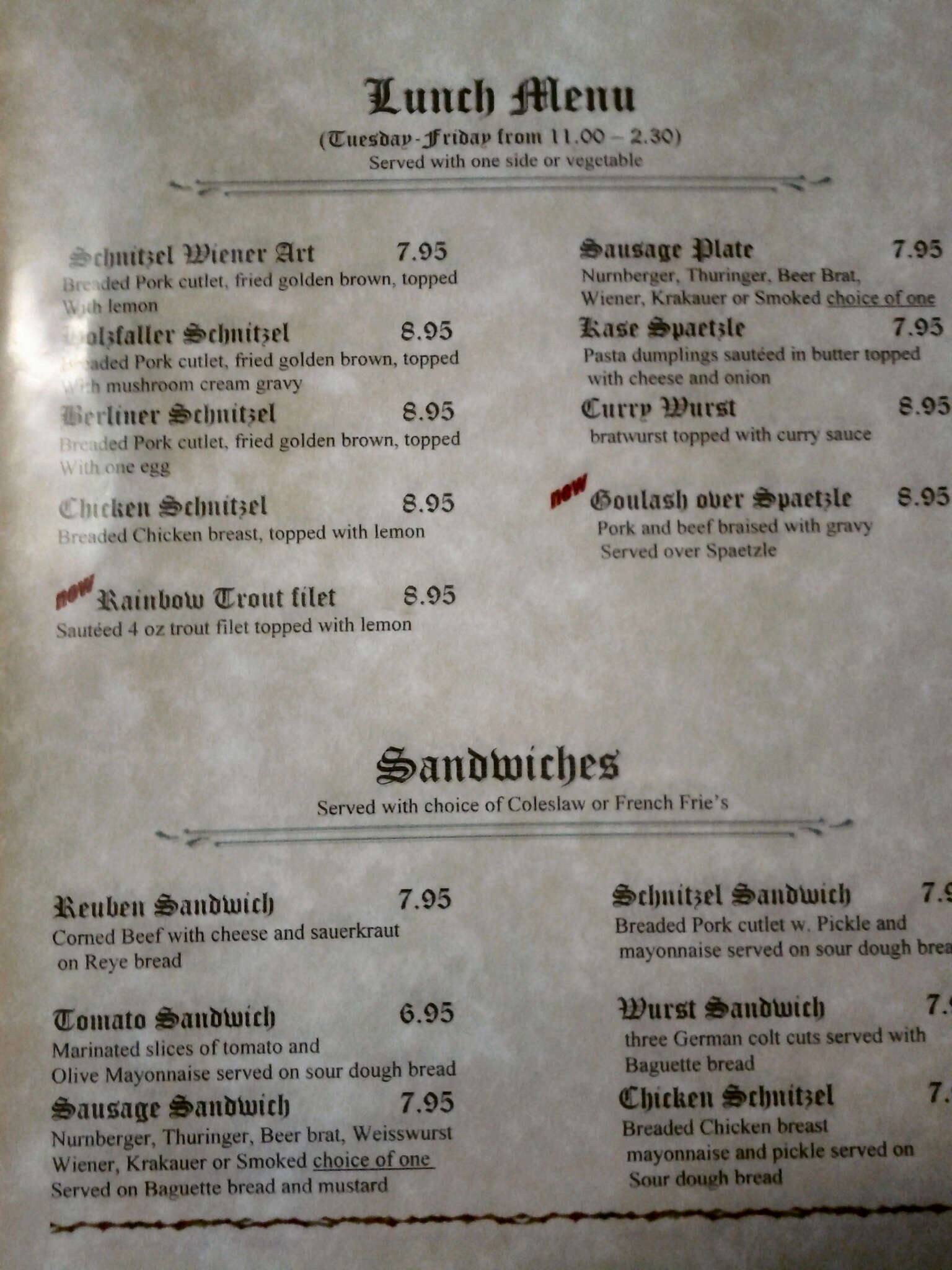 Menu at Gasthaus Berliner Bear restaurant, Beeville