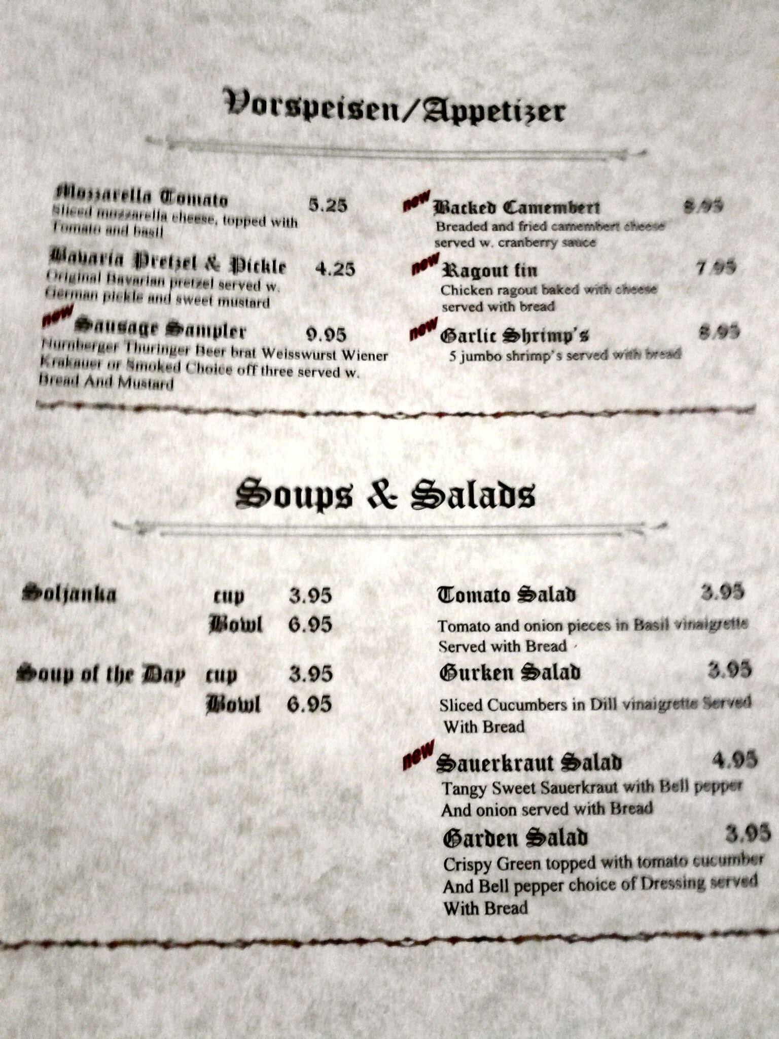 Menu at Gasthaus Berliner Bear restaurant, Beeville