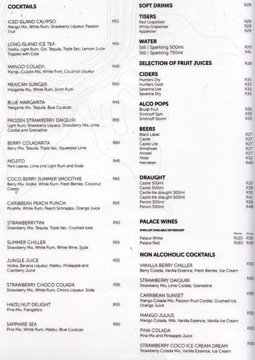 Menu at Palace Pool Deck Restaurant and Snack Bar, Sun City
