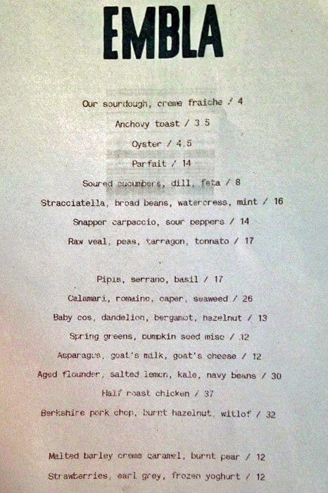 Menu at Embla pub & bar, Melbourne
