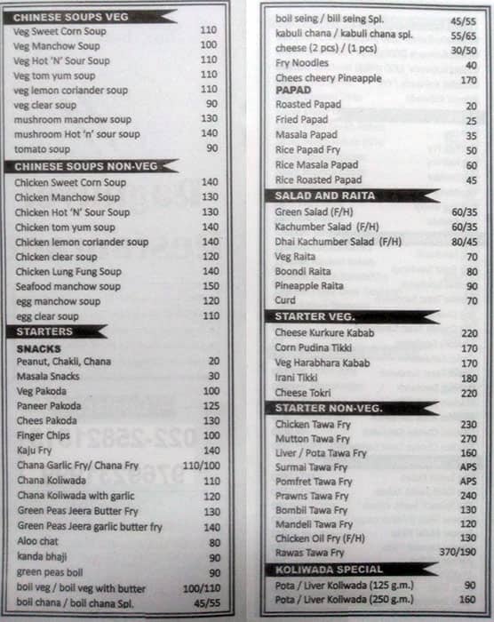 Menu of Raghuvel, Naupada, Thane West, Thane