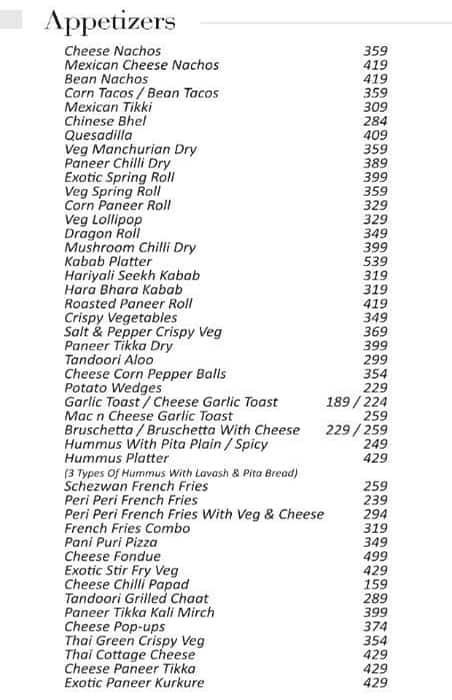 Menu at Imperial Palace, Rajkot