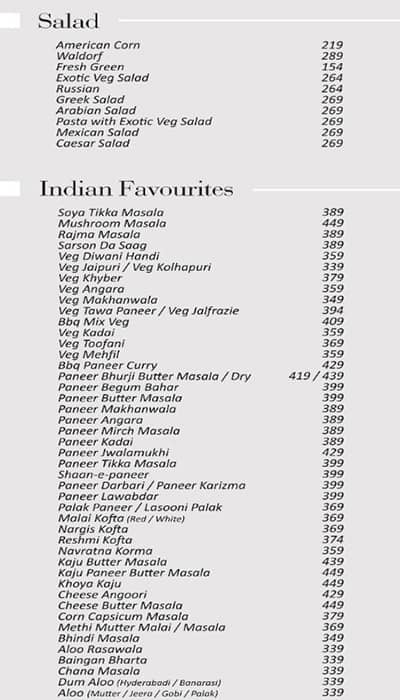 Menu at Imperial Palace, Rajkot