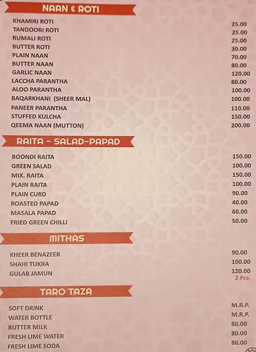 Menu of Karim’s, C Scheme, Jaipur
