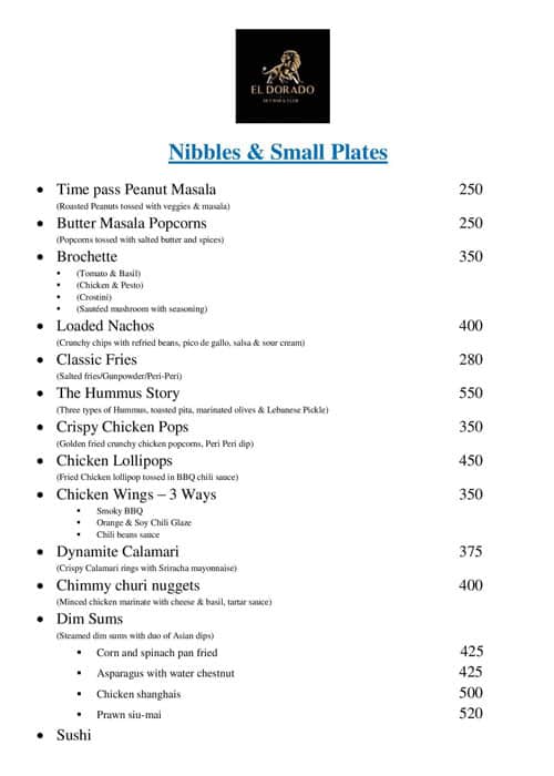 Menu of El Dorado, Raja Park, Jaipur