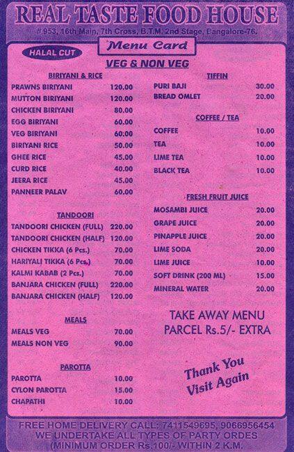 Menu at Real Taste Food House, Bengaluru