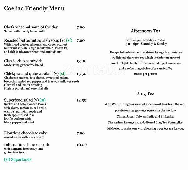 Menu at The Atrium at The Westin Dublin, Dublin