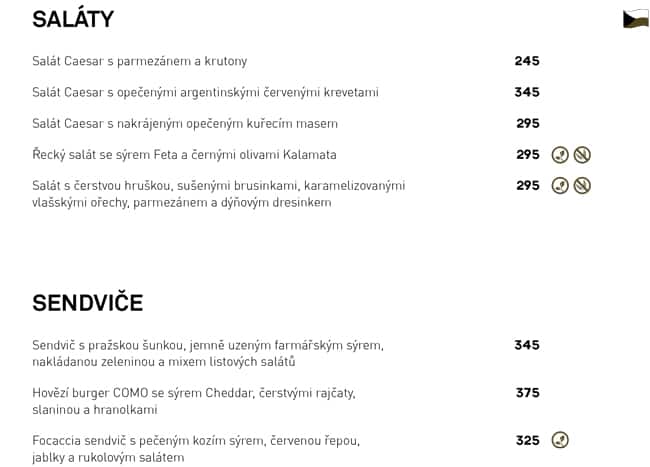 Menu at COMO restaurant & cocktail bar, Prague