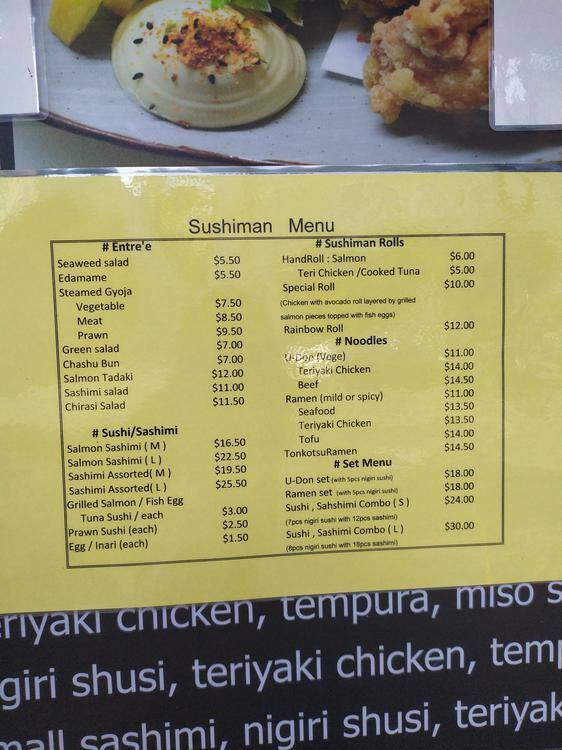 Menu at Sushi Man restaurant, Balmain, 321A Darling St