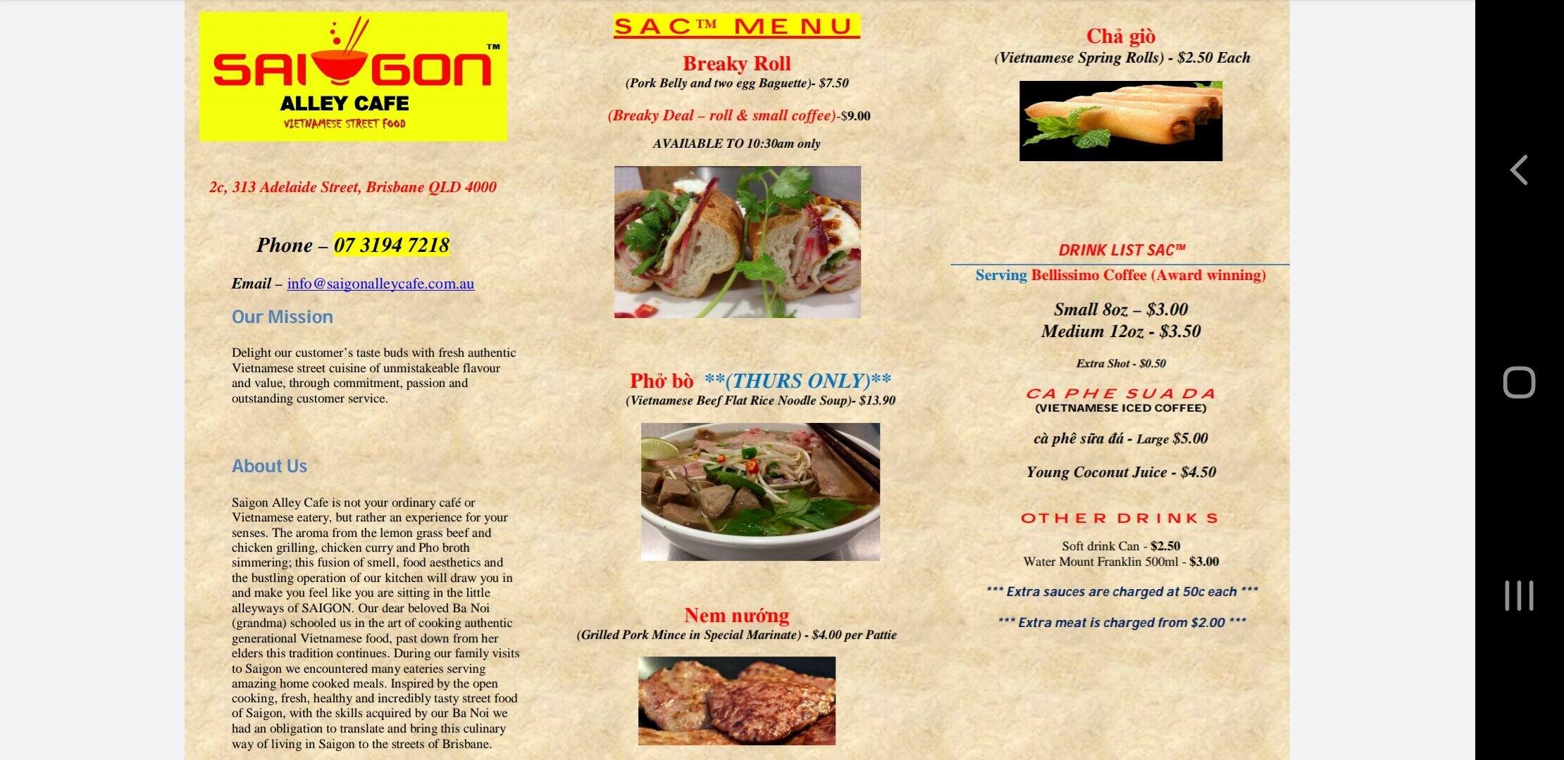 Menu at Saigon Alley Cafe, Brisbane City, 2C/313 Adelaide St