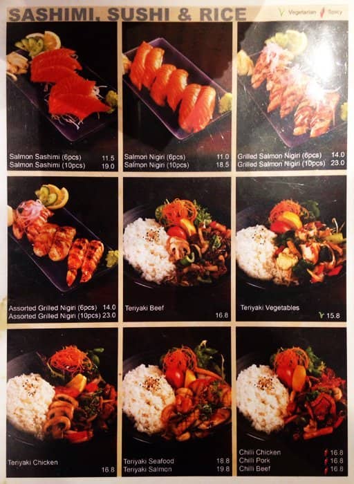 Menu at Ryu Yakiniku Sushi Train restaurant, Connolly