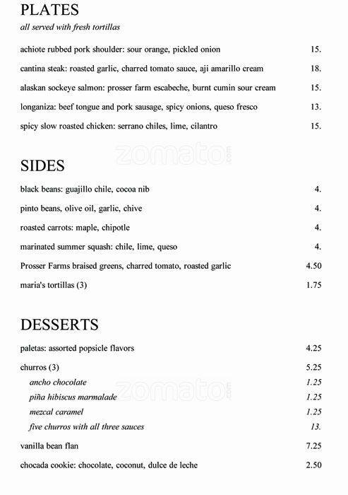 Menu at Cantina Leña pub & bar, Seattle, 5th Ave