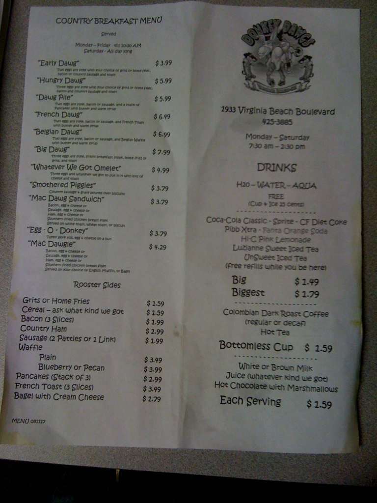 Menu at Donkey Dawgs BBQ, Virginia Beach