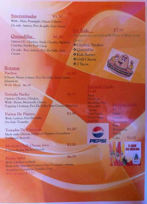 Menu at Huaraches Moroleon restaurant, Urbana