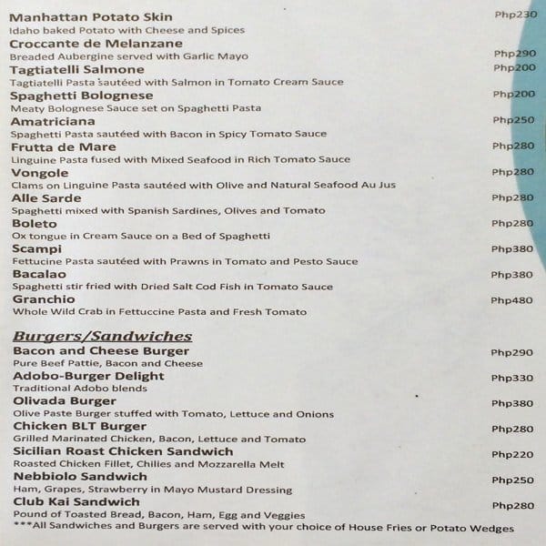 Menu at Kai restaurant, Cebu City, 312 Juana Osmeña Extension Rd