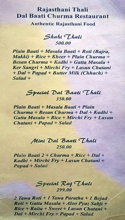 Menu at Rajasthani Thali, Jaipur