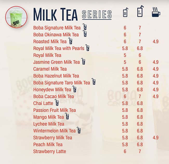 Menu at Boba Central cafe, Geelong