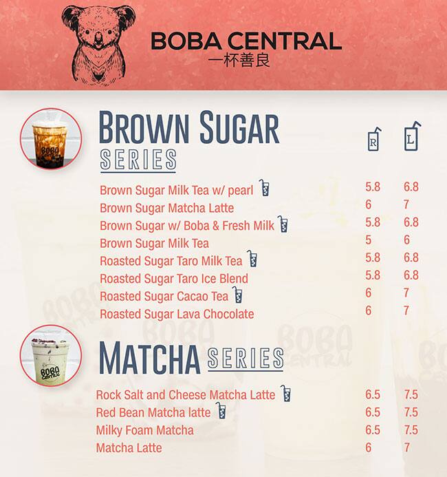 Menu at Boba Central cafe, Geelong