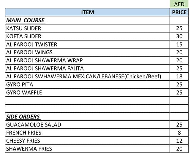 Menu at Al Farooj restaurant, Sharjah, King Faisal Street