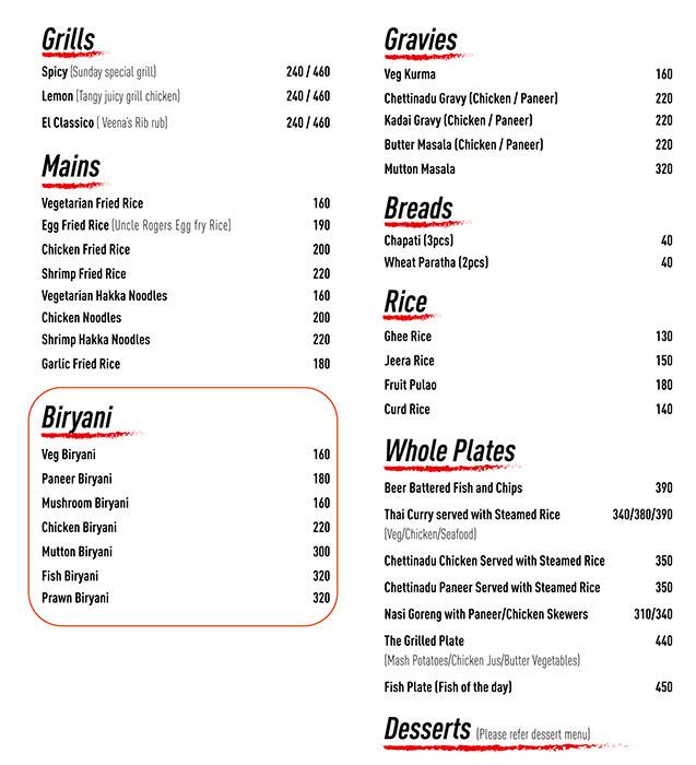 Menu at De Indian Kitchen, Chennai