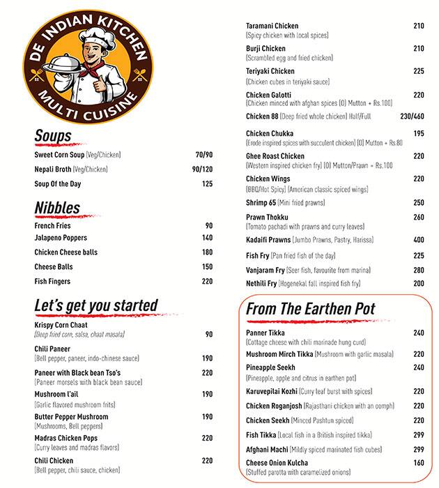 Menu at De Indian Kitchen, Chennai