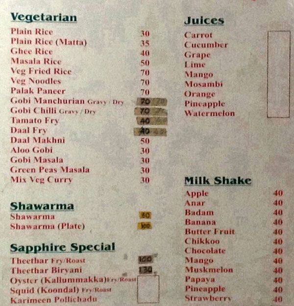 Menu at Hotel Sapphire, Bengaluru