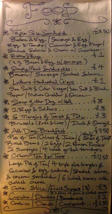 Menu at Basement Tea Rooms cafe, London
