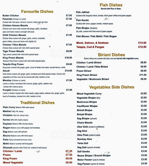 Menu at Taste of Raj restaurant, London, 9 Royal Parade