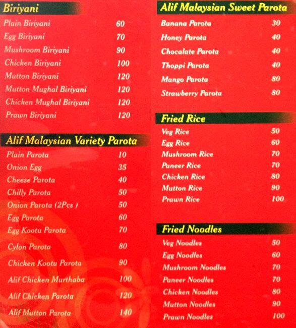 Menu at Alif Briyani, Chennai, Kottu Road