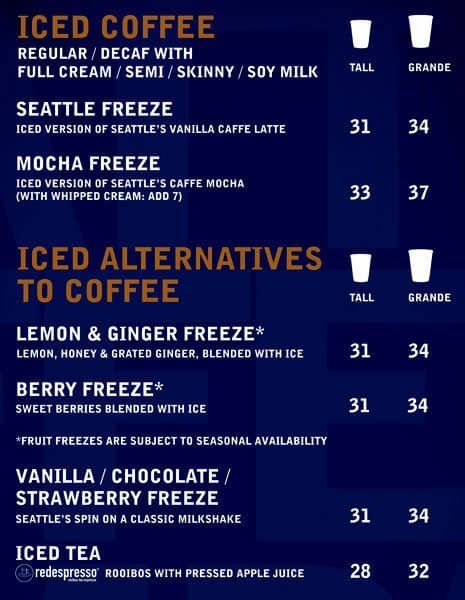 Speisekarte von Seattle Coffee Co. cafe, Pretoria