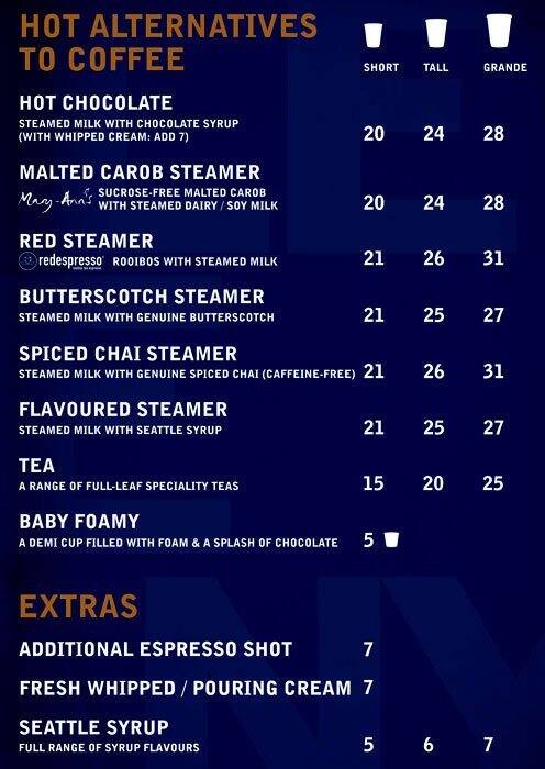 Speisekarte von Seattle Coffee Co. cafe, Pretoria