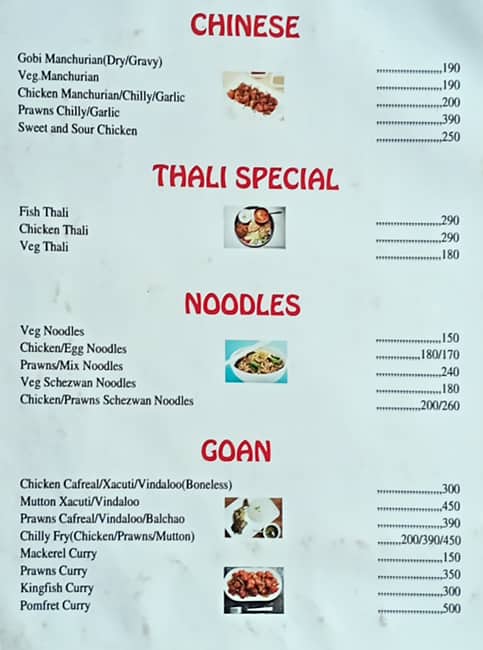 Menu of Carvalho's Bar & Restaurant, Calangute, Goa