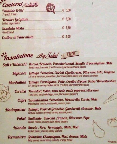 Menu at Sali & Tabacchi restaurant, Rome, Via di Campo Marzio